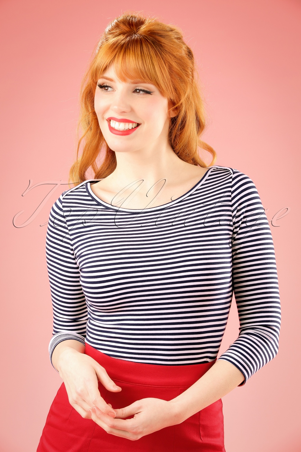 50s Martina Thin Stripe Boat Neck T shirt In Navy