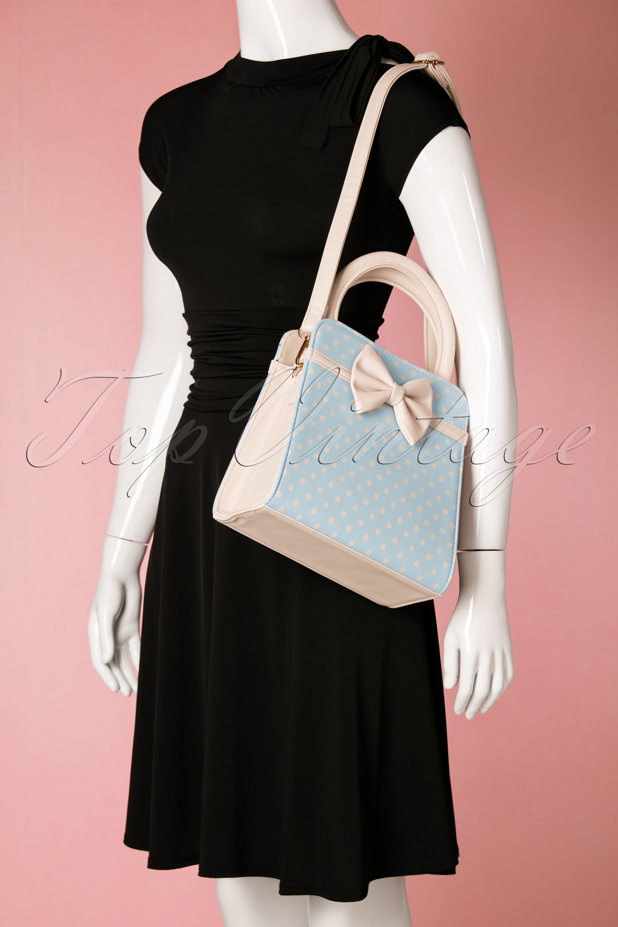 Banned Retro Carla Polkadot handtas in lichtblauw en beige | Shop bij ...