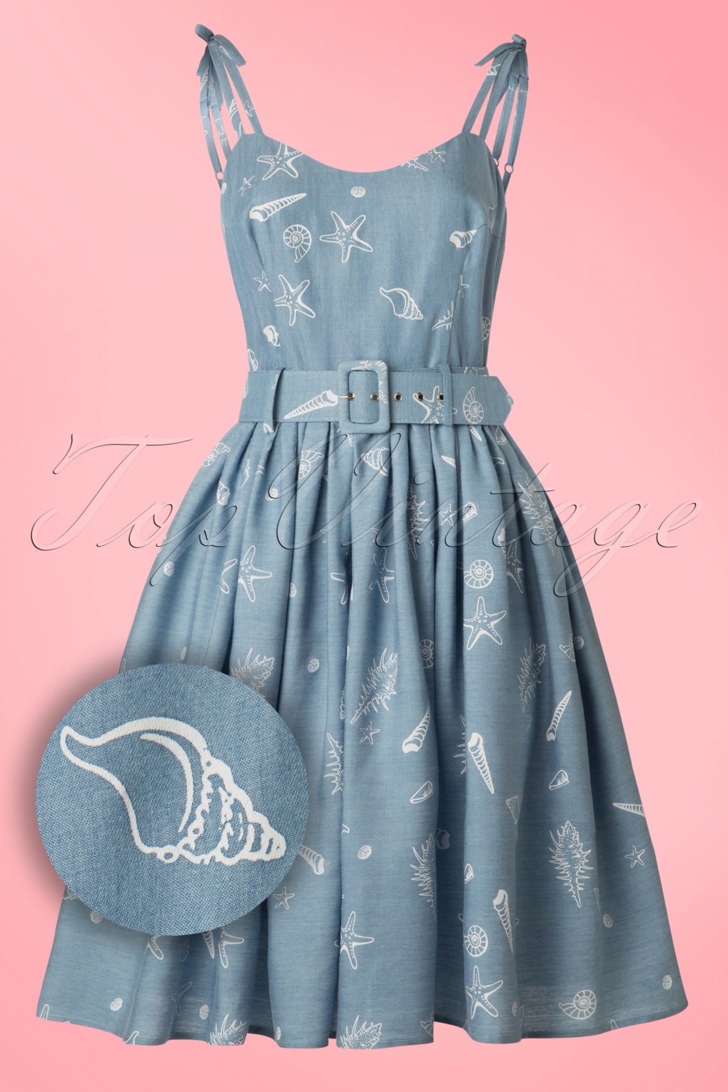 50s Jade Seashell Swing Dress in Denim Blue