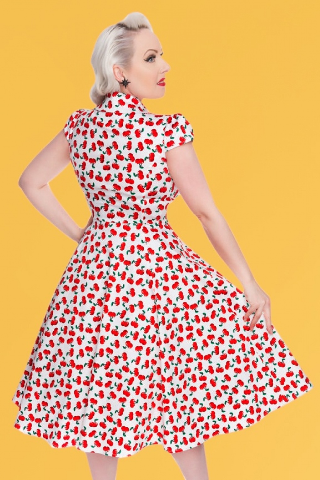 50s Blossom Cherry Swing Dress in White