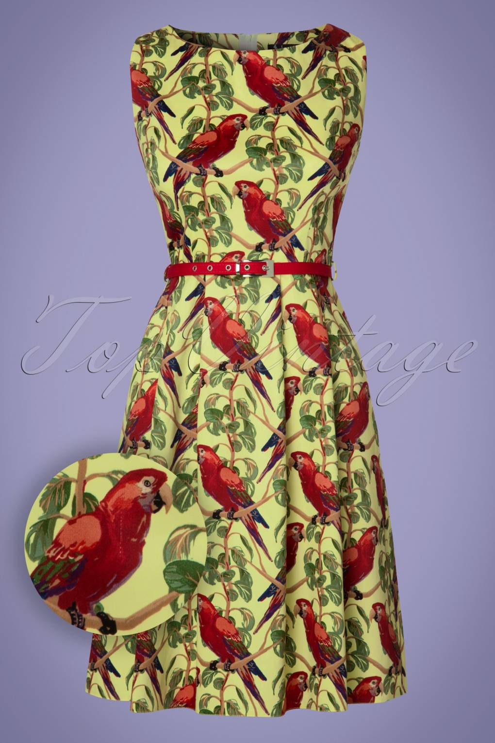 50s Aline Unique Parrots Tea Dress in Lime Green