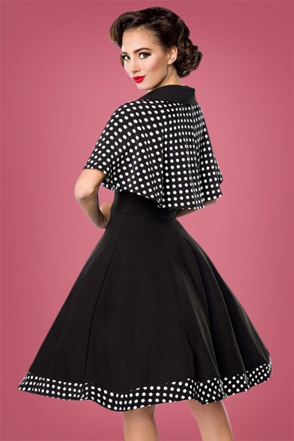 50s Lesly Polkadot Cape Swing Dress In Black
