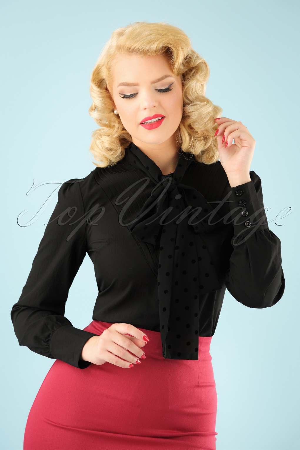 50s Sent With Love Tie Neck Blouse In Black