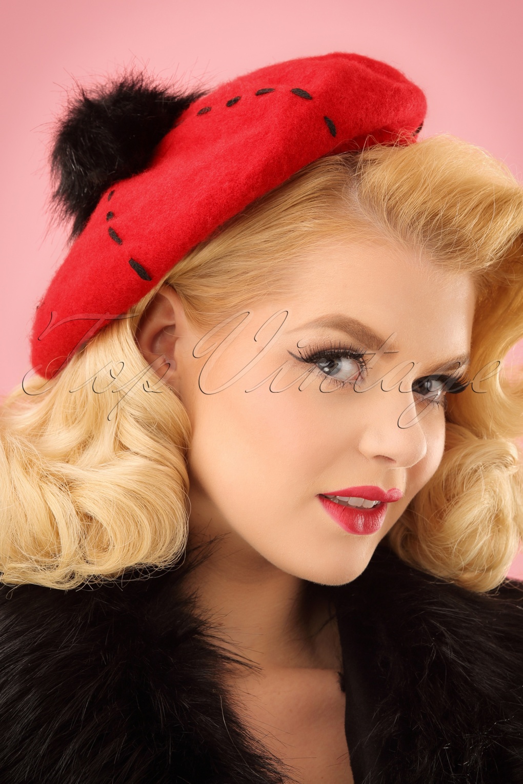 50s Carly Wool Pompom Beret In Red