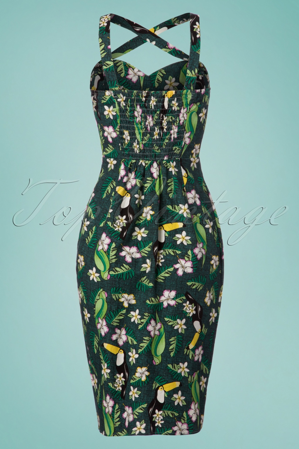 50s Mahina Tropical Bird Sarong Dress in Green