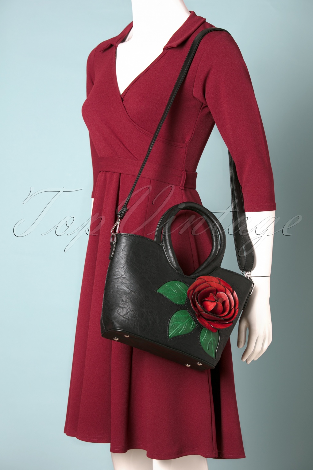 50s Red Rose Handbag in Black
