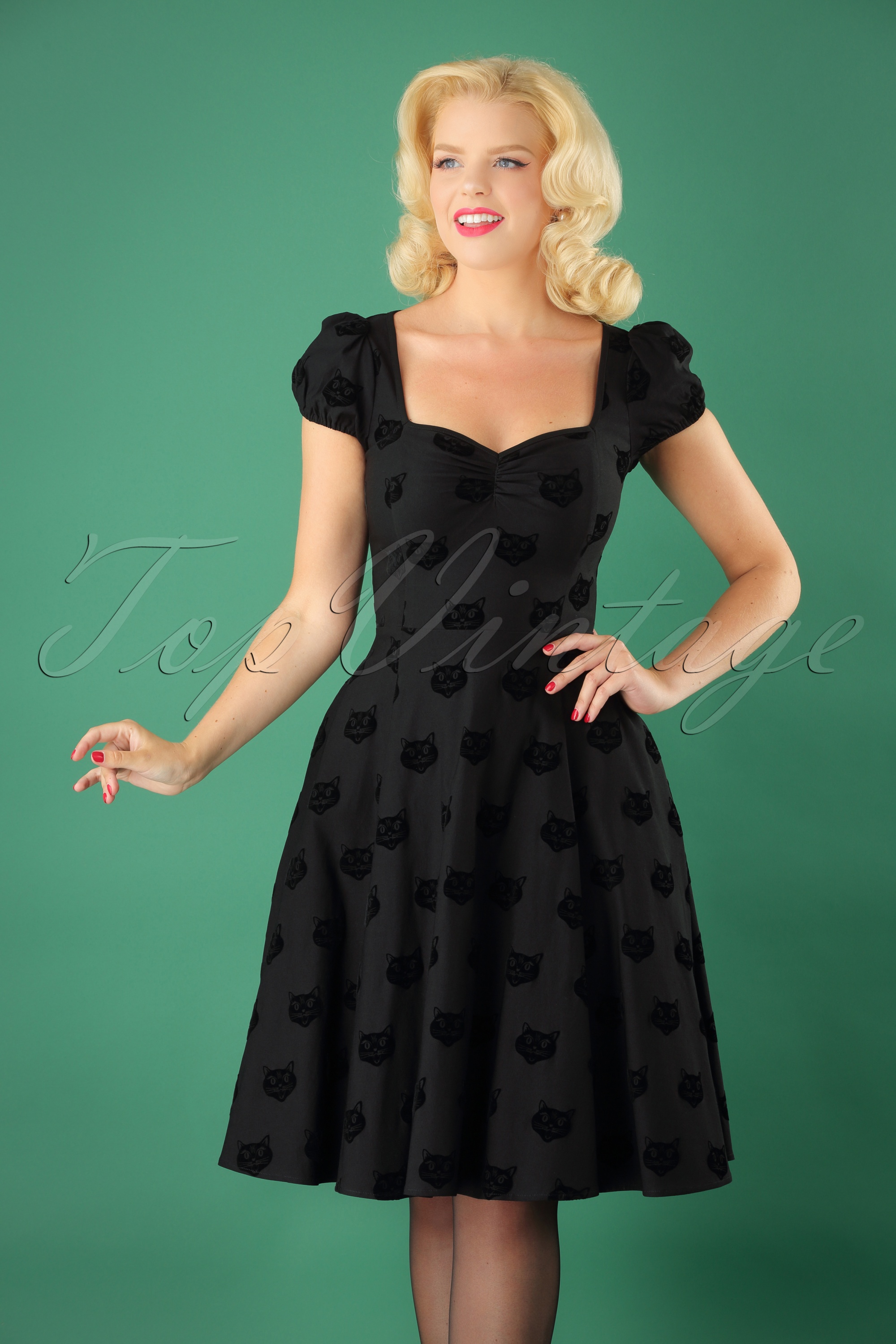 Collectif Clothing 50s Mimi Velvet Cat Doll Dress in Black | Shop at ...