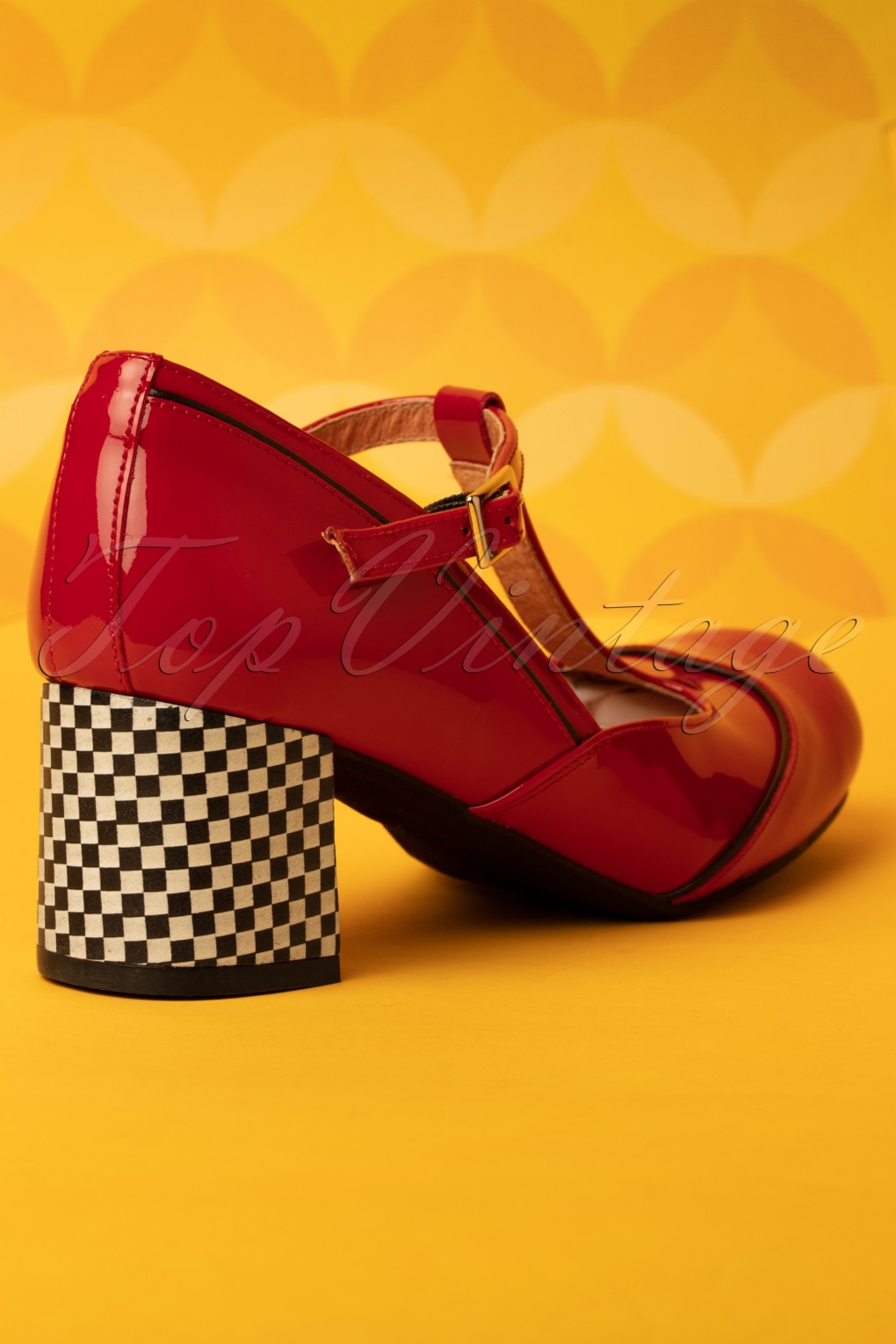 60s Rojo Patent Leather T-Strap Pumps in Red