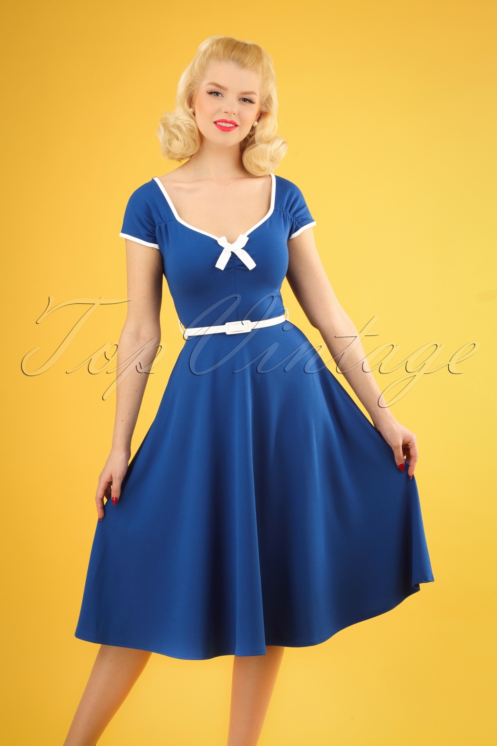 Vintage Chic for Topvintage Cindy Bow Swing Dress Années 50 en Bleu Roi ...