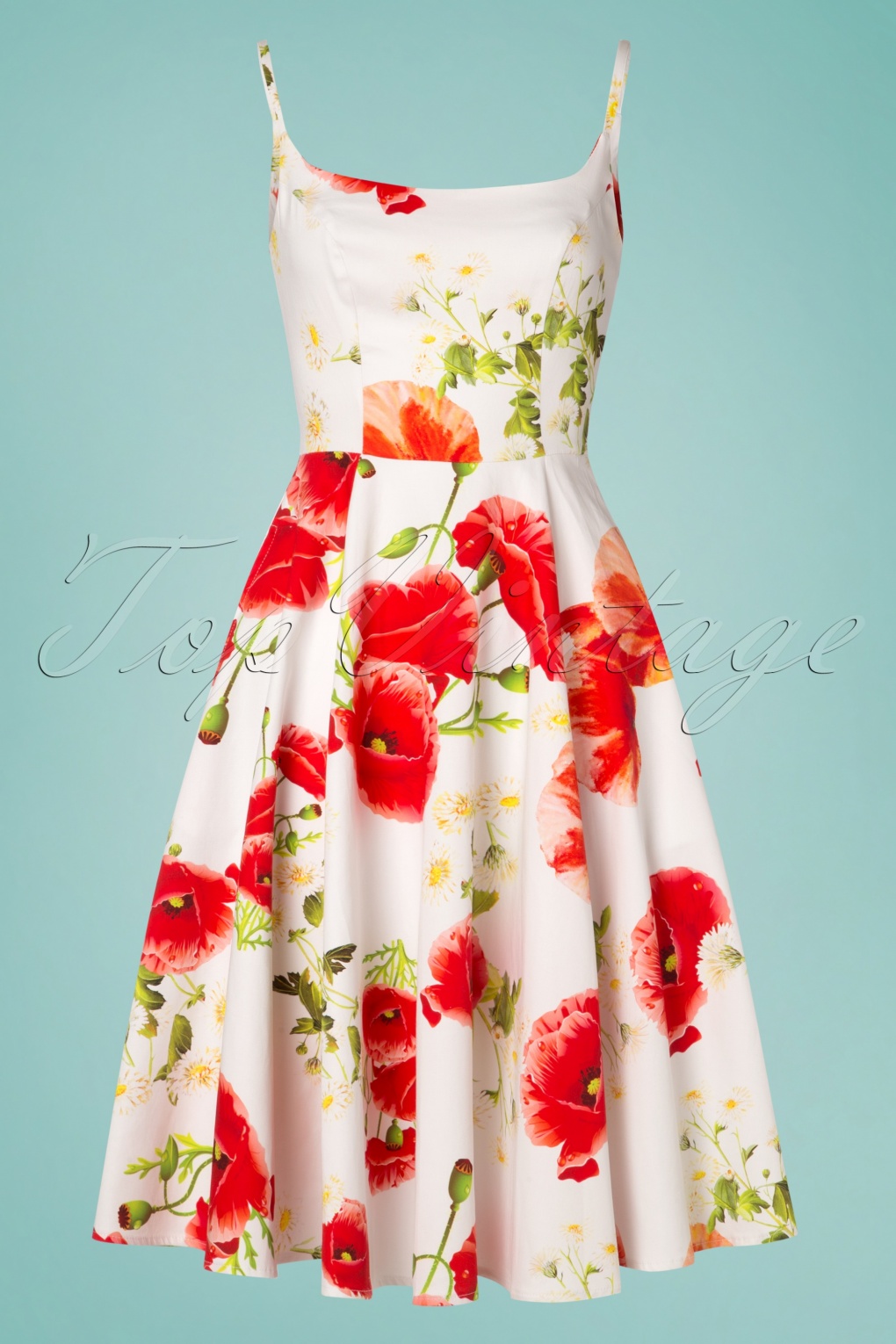 50s Blossoming Red Poppy Swing Dress in White