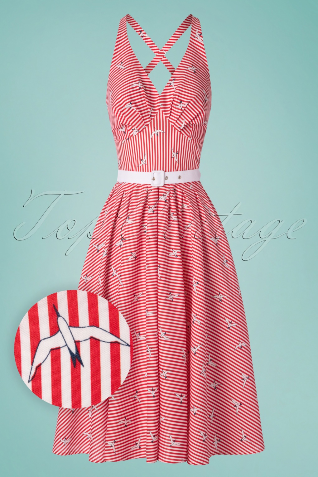 Vestido De Lilo Rose Con Espalda Cruzada En Rojo Y Blanco De Los Años 50