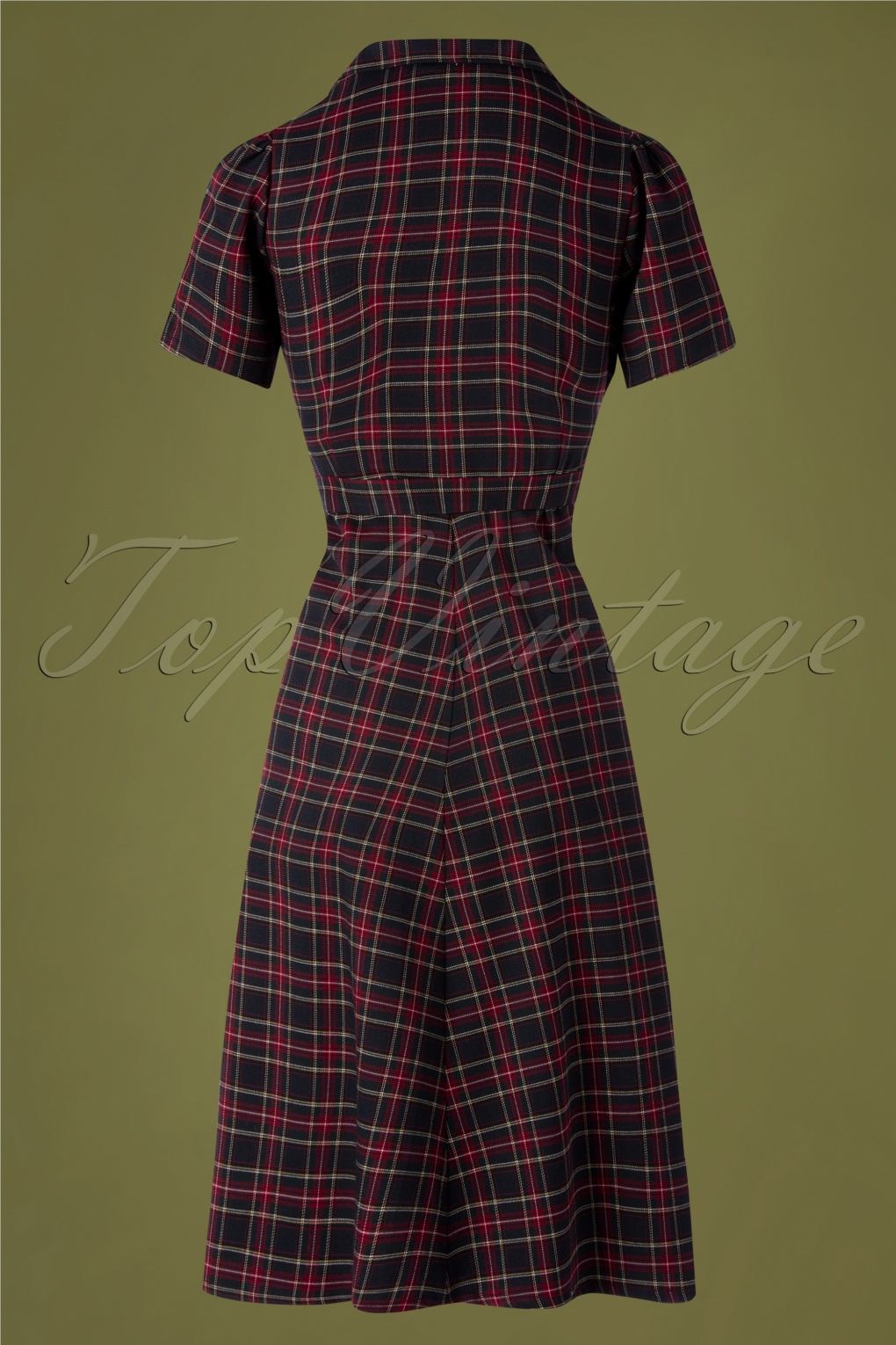 40s Midi Revers Dress in Navy Tartan