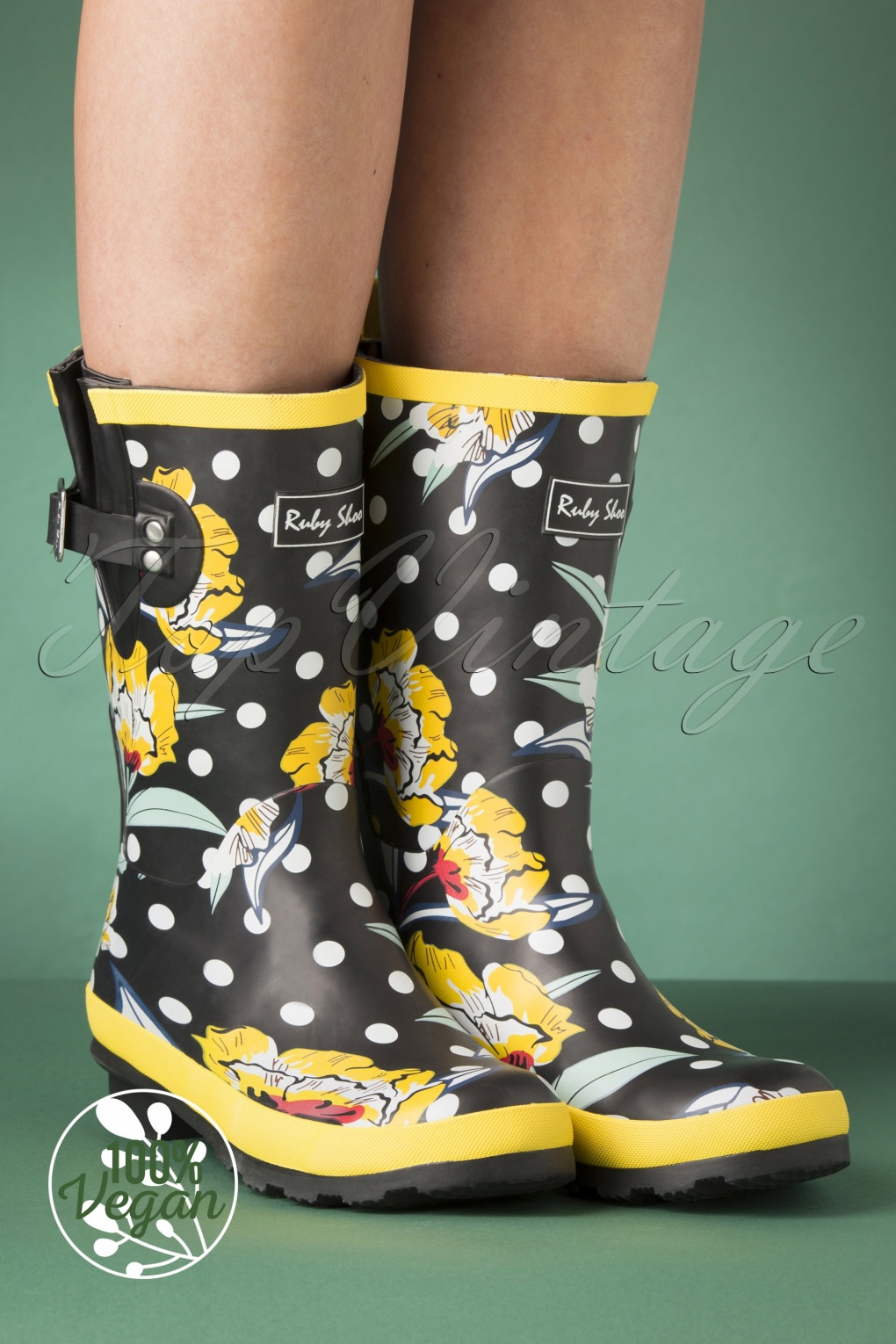 60s Hermione Floral Wellington Boots in Black