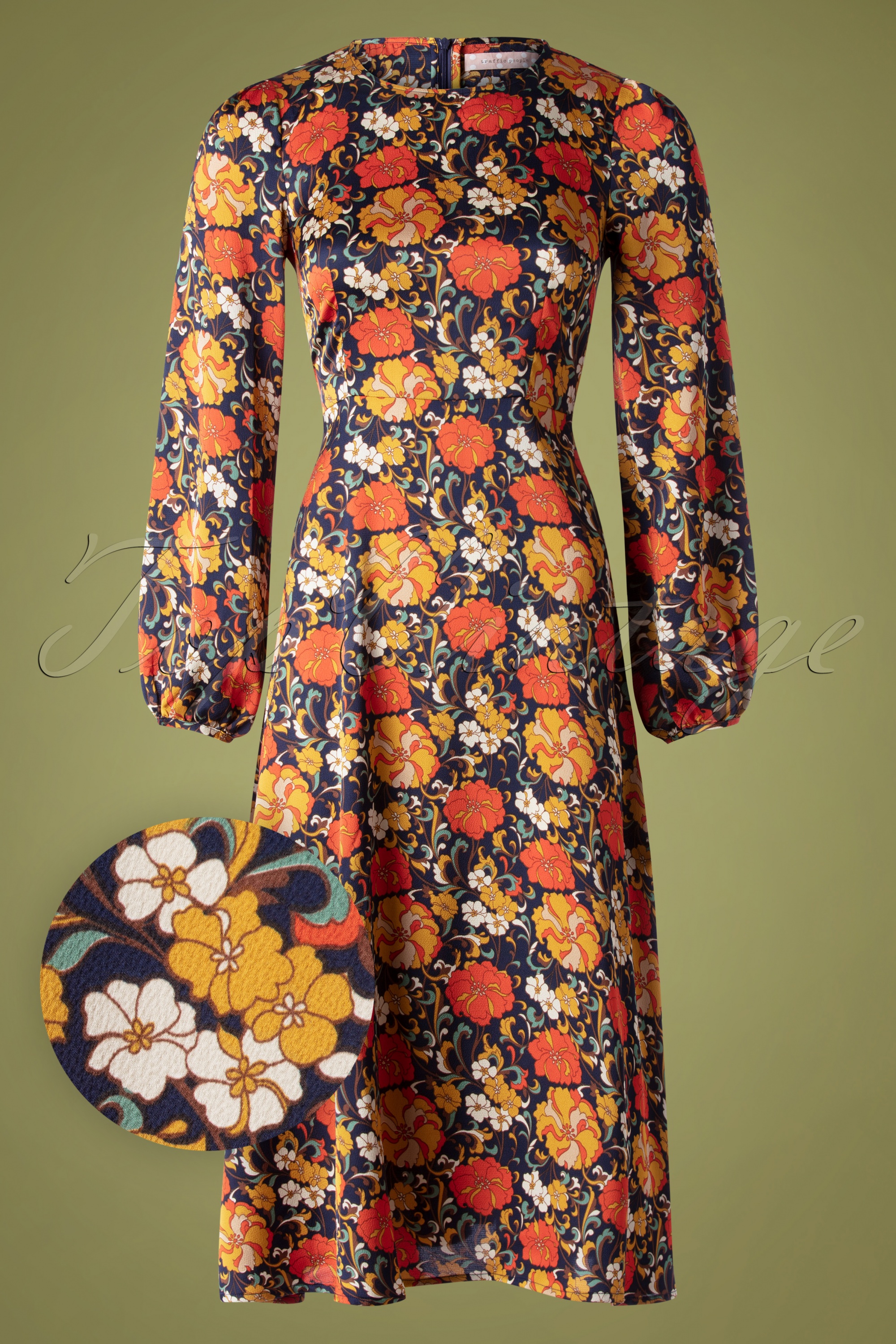 Traffic People Moodless Floral Dress Années 70 en Bleu Marine | Acheter ...