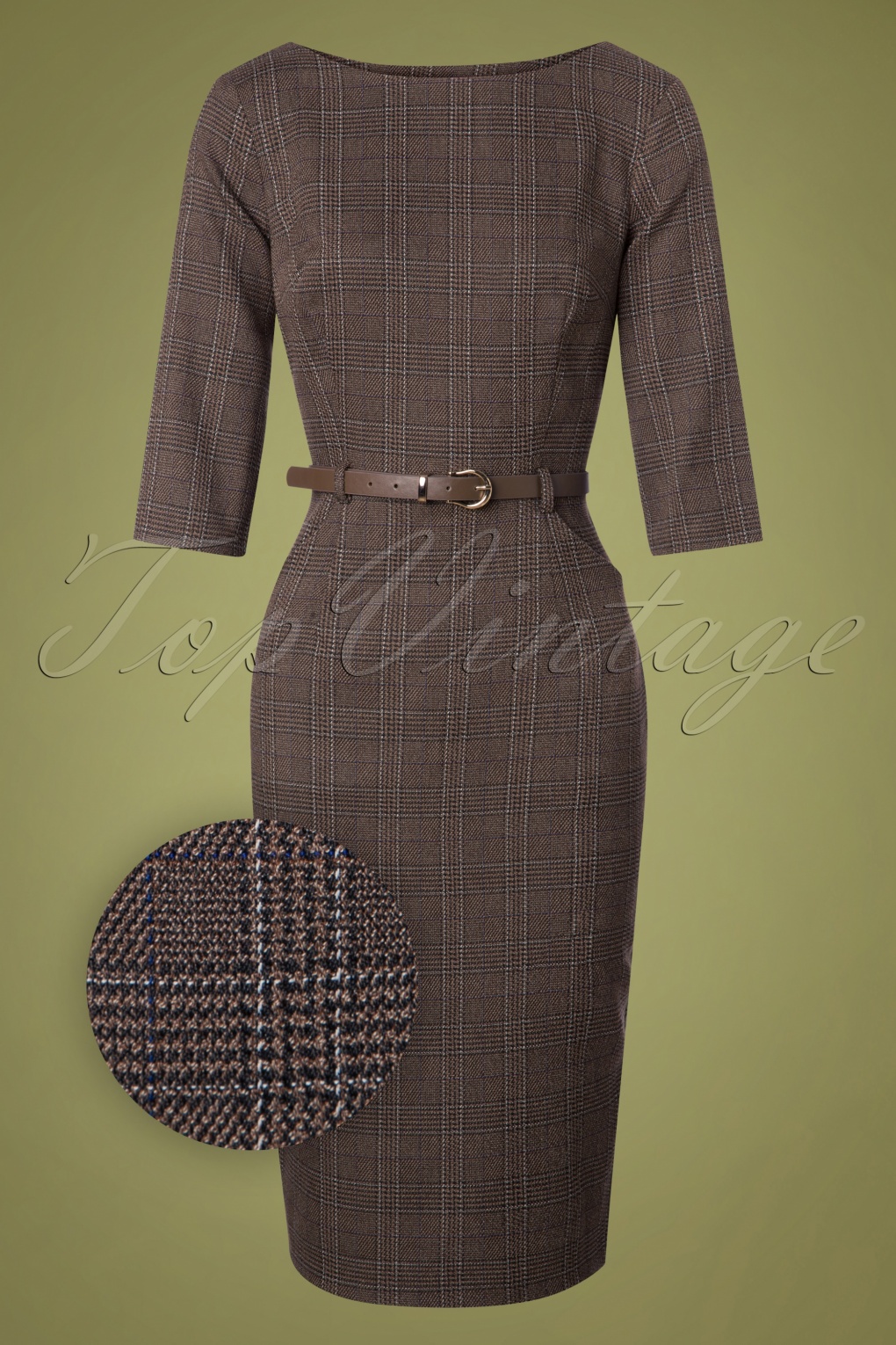 50s Adeline Librarian Check Pencil Dress in Brown