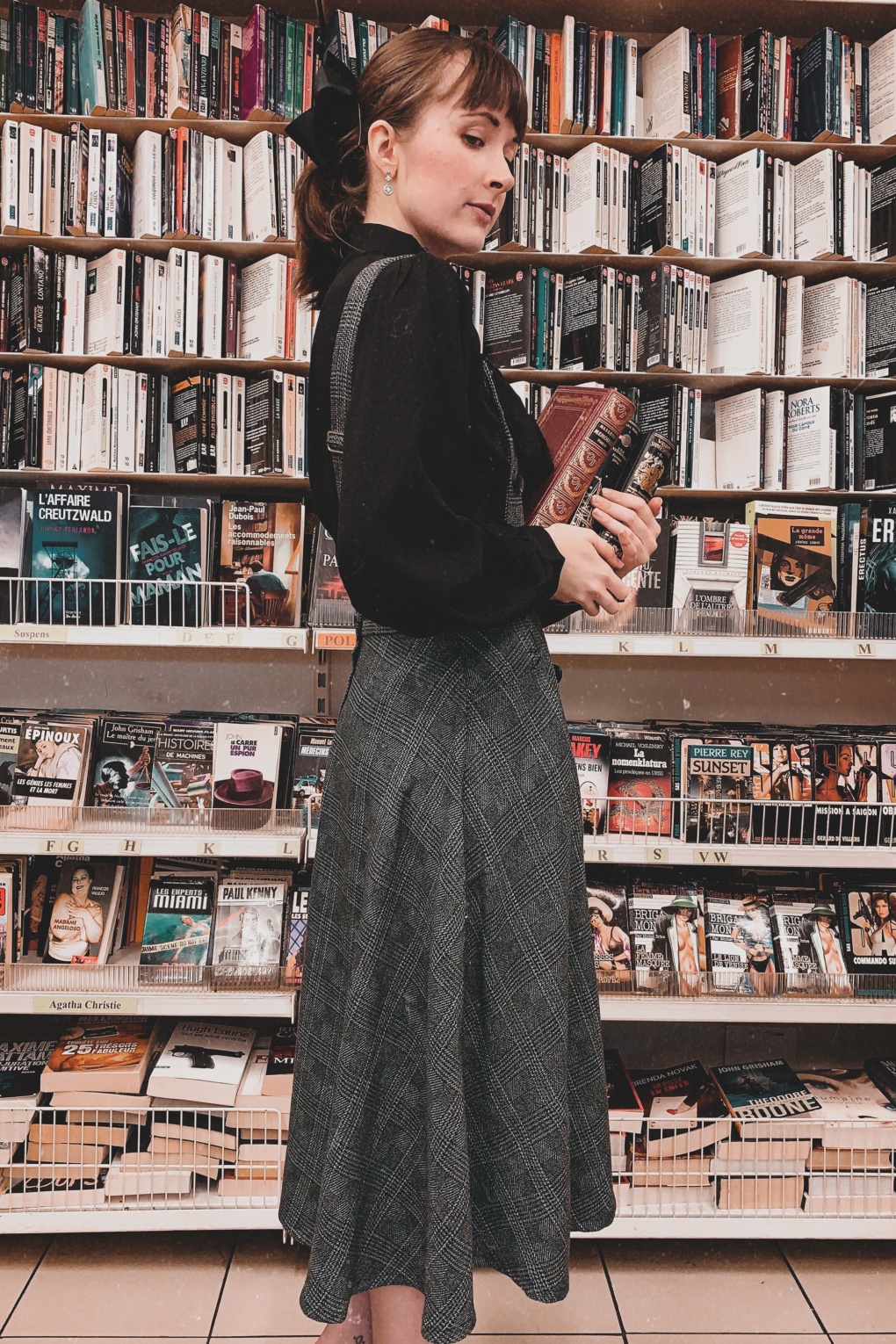 40s Brenda Librarian Check Pinafore Dress in Charcoal