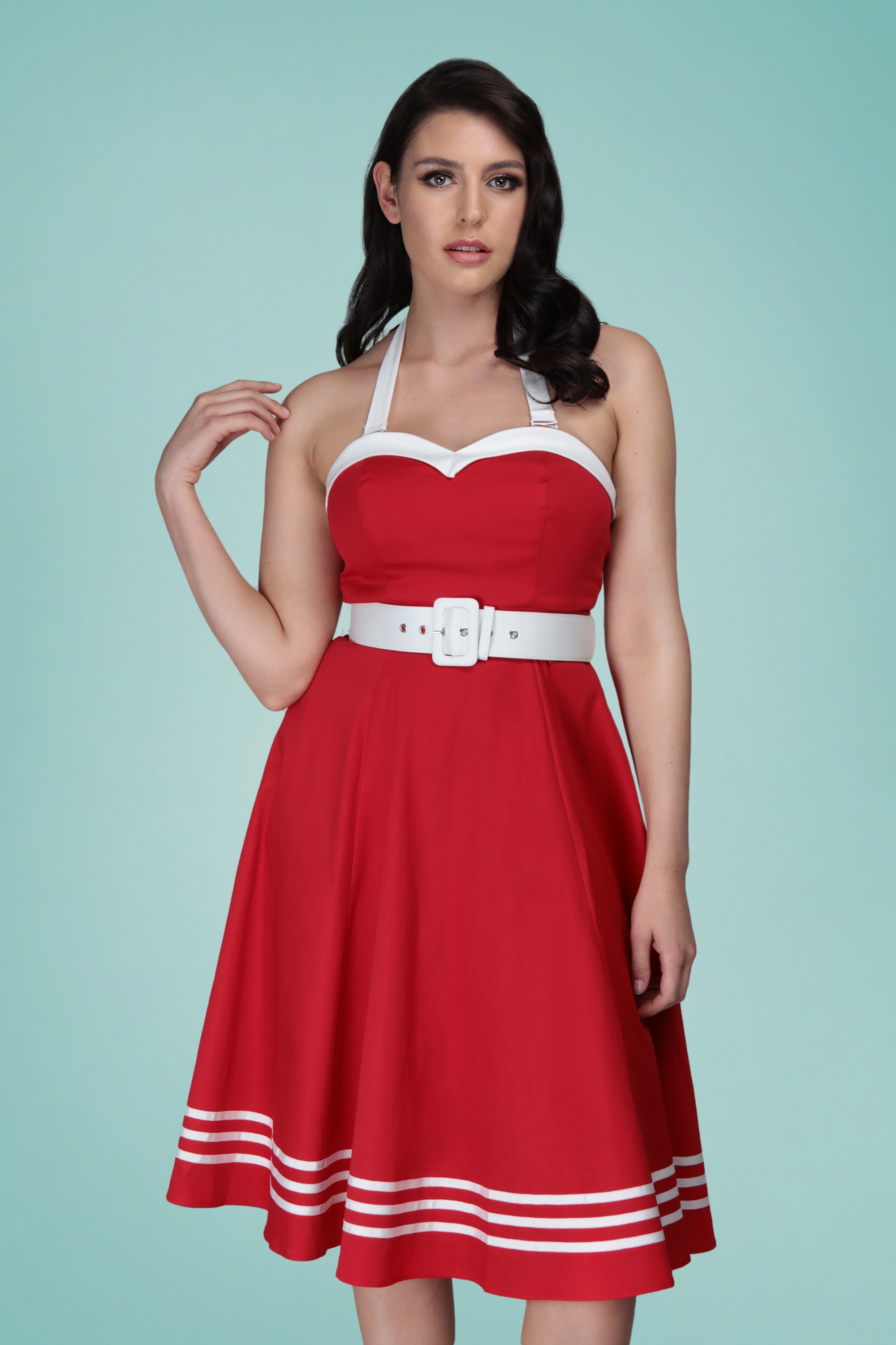 Collectif Clothing Georgie Nautical halter swingjurk in rood | Shop bij ...