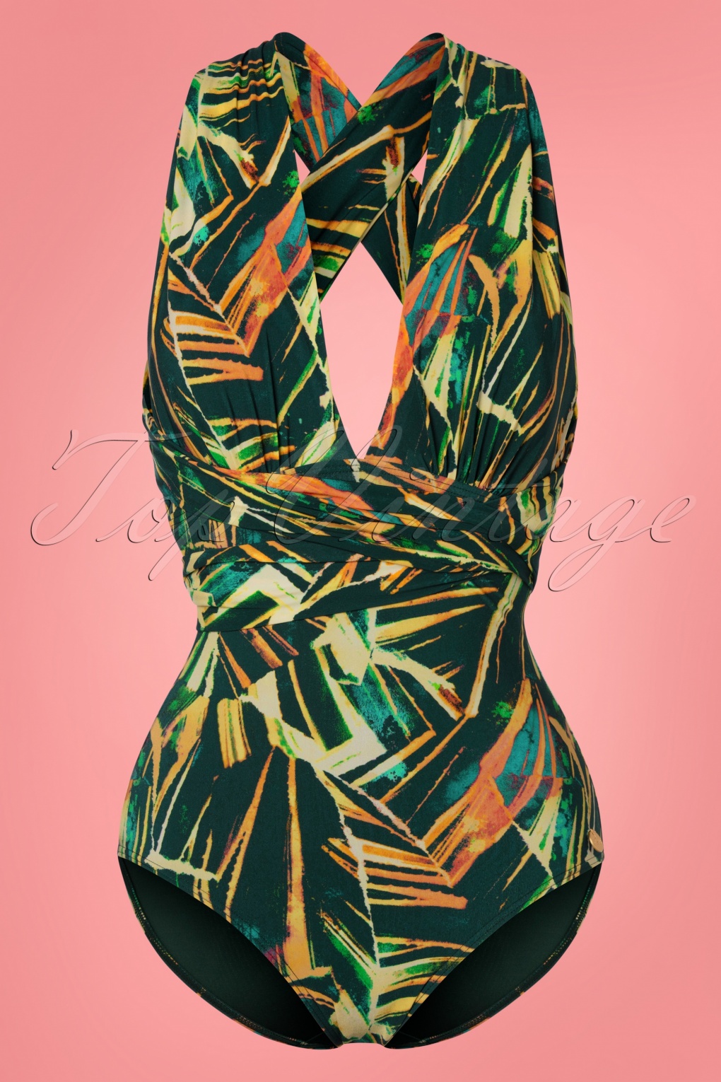 50s Multiway Palm Leaves Swimsuit in Green