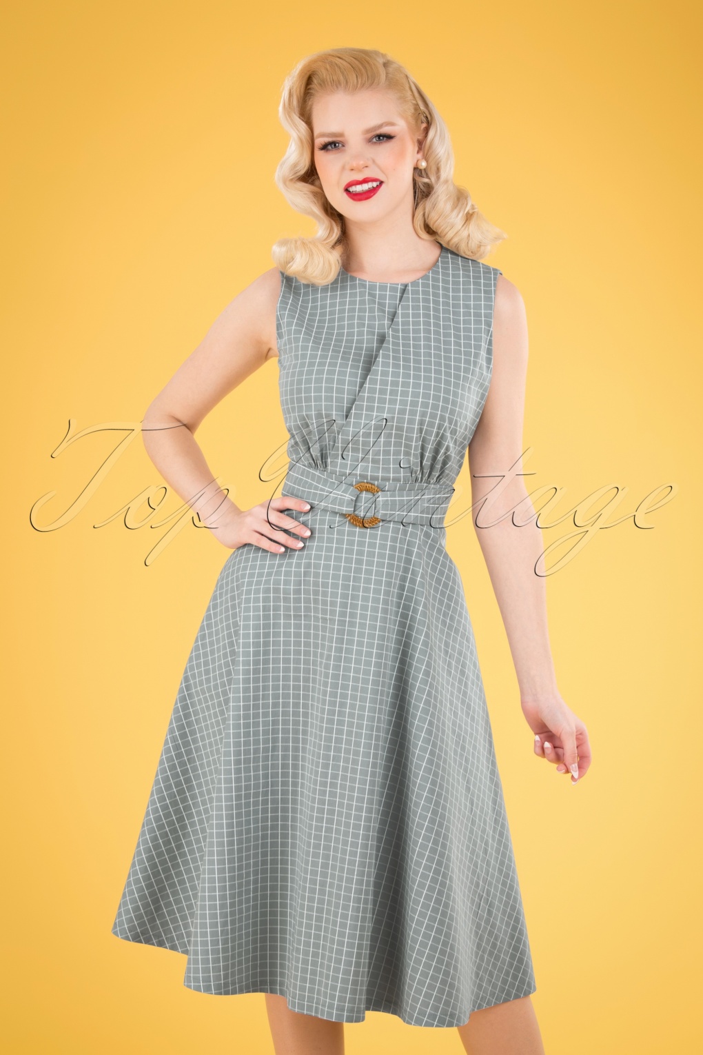 50s Grid Check Flare Dress in Blue