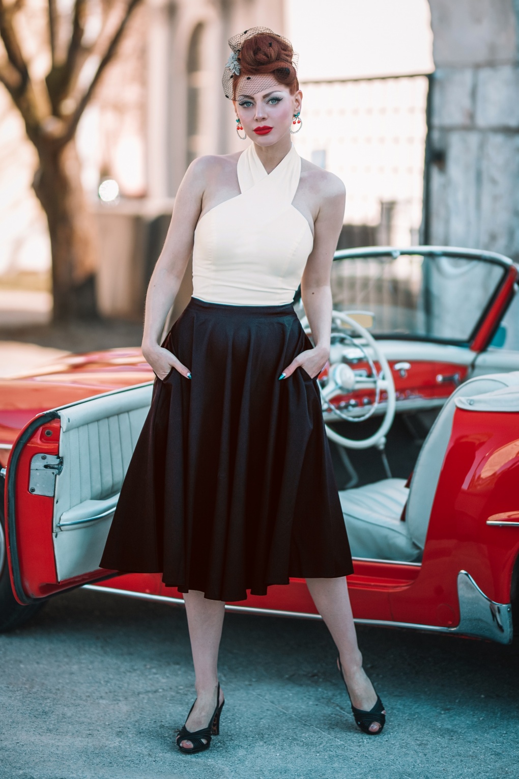The Rosetta Halter Swing Dress in Black and Ivory