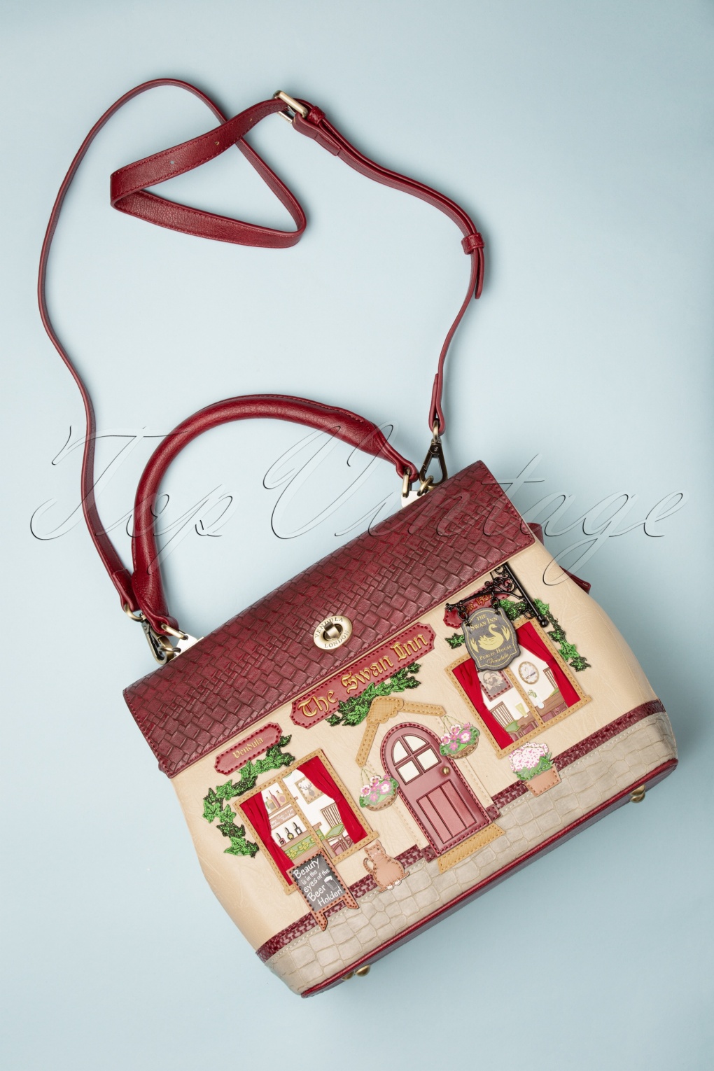 50s The Swan Inn Pub Grace Bag in Beige and Burgundy