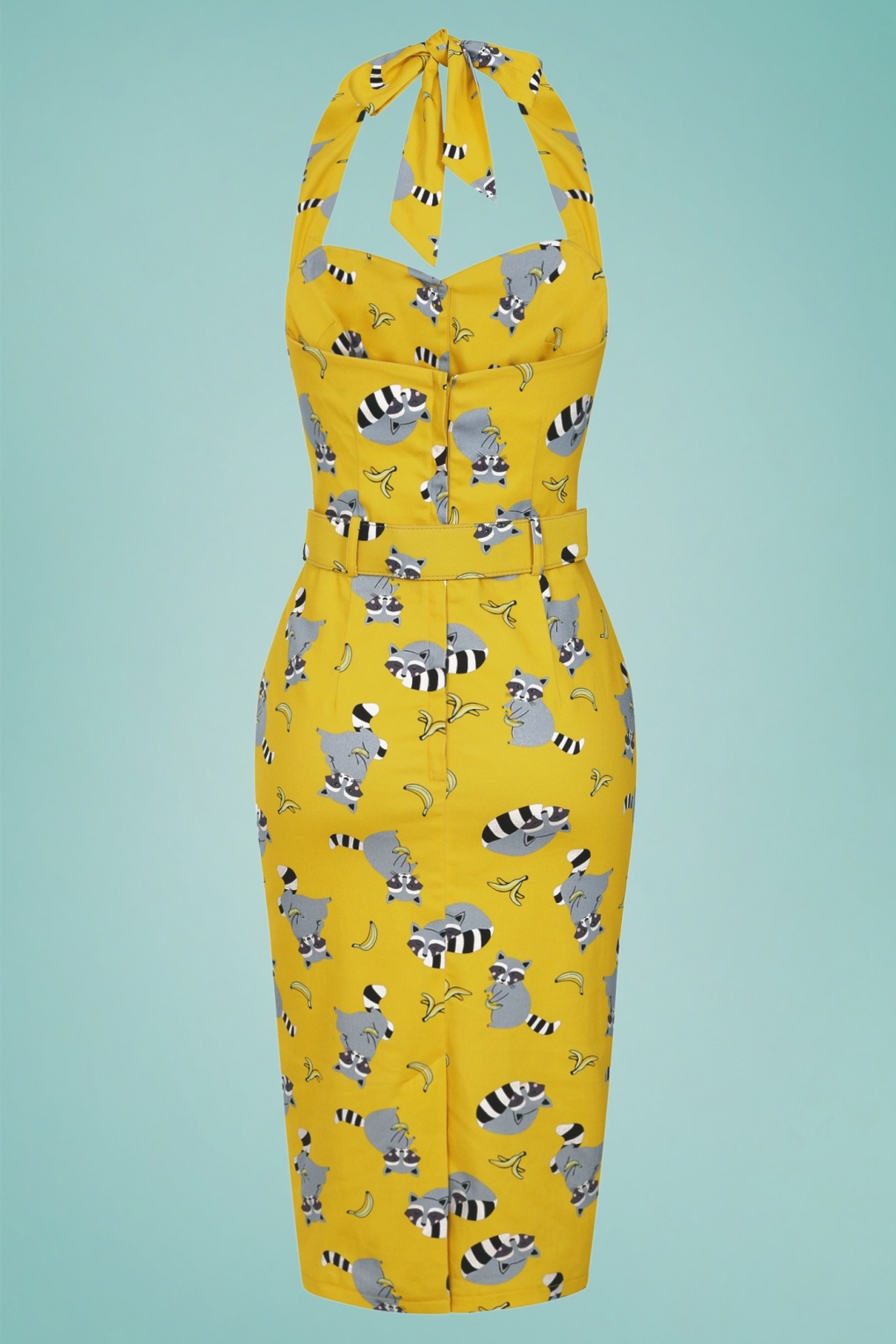 50s Wanda Ravenous Raccoons Pencil Dress in Yellow