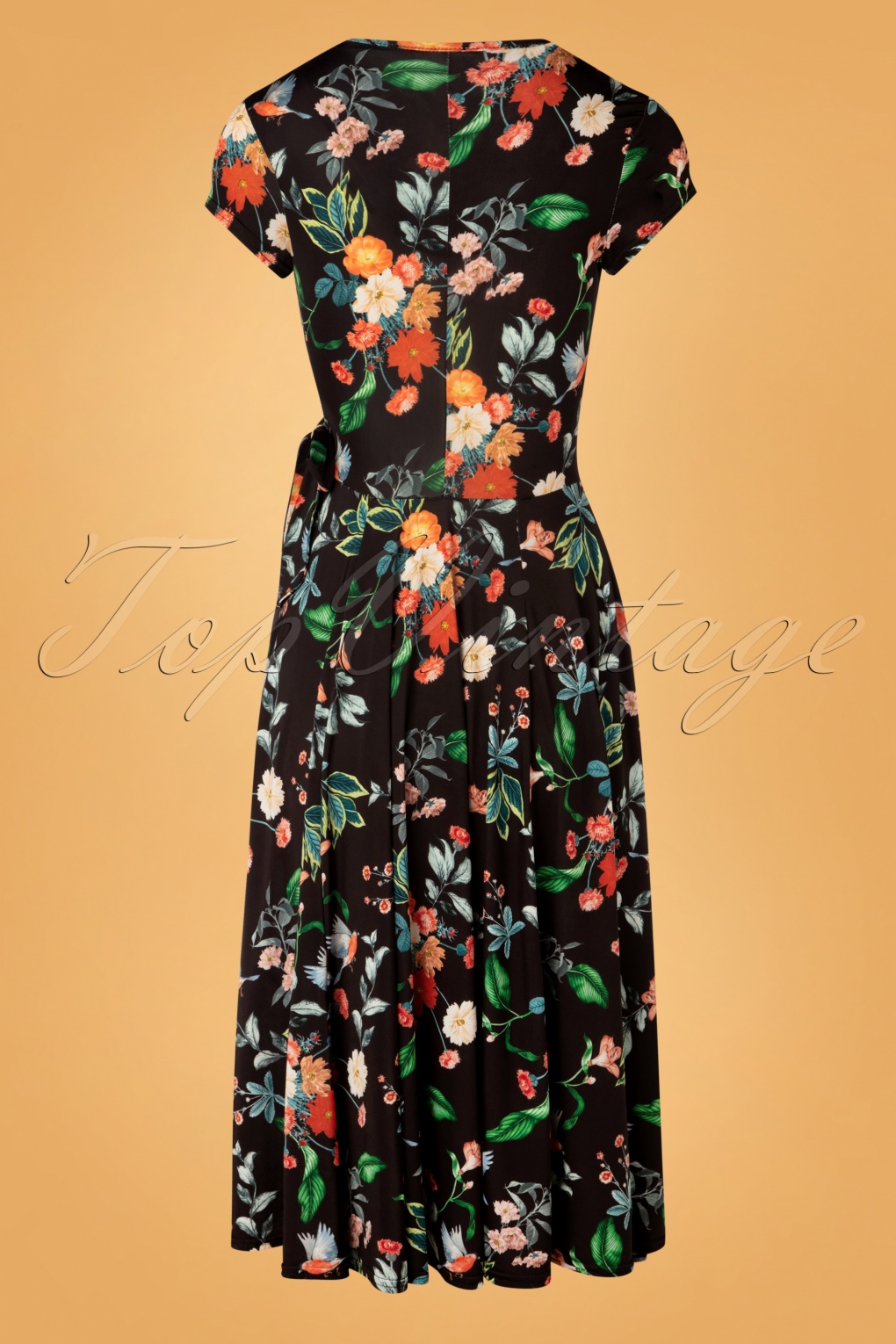 50s Layla Floral Cross Over Dress in Black