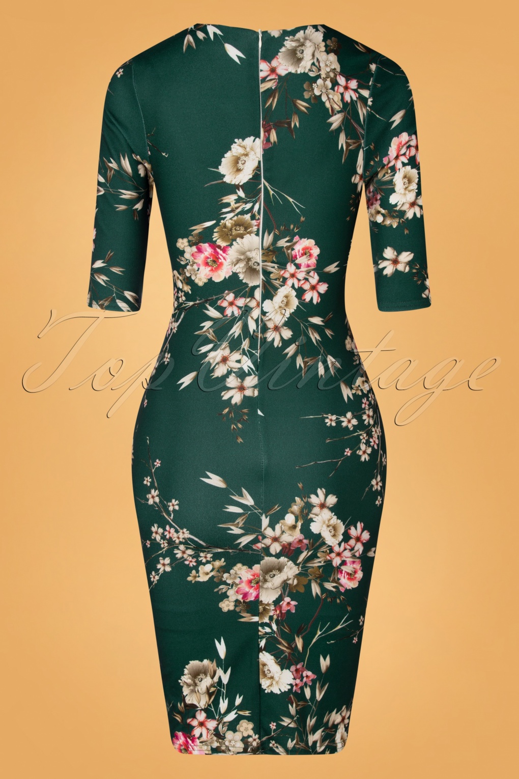 50s Vera Floral Pencil Dress in Dark Green