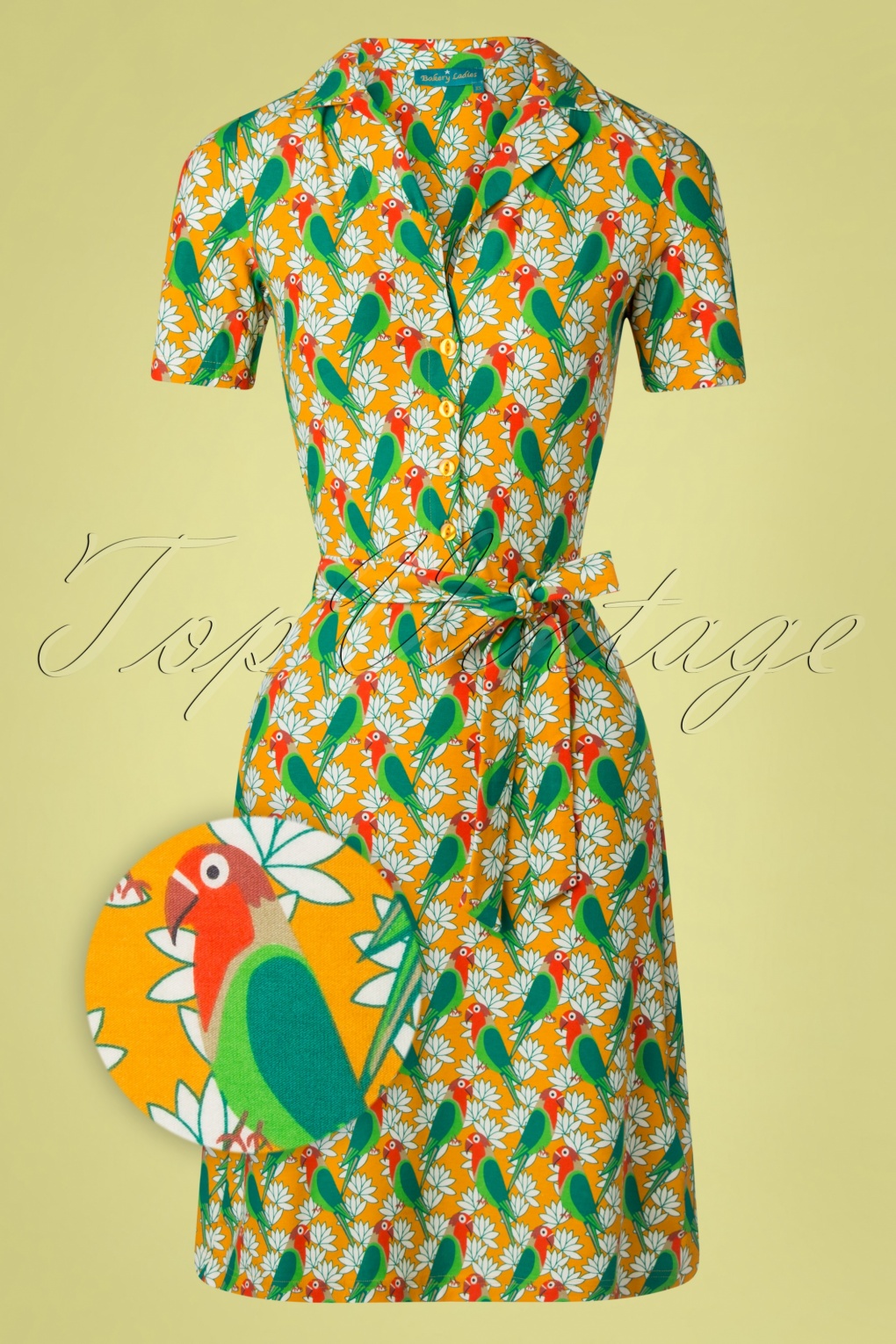 Bakery Ladies 60s Tulsa Parrot Sundeck Polo Dress in Mustard | Shop at ...