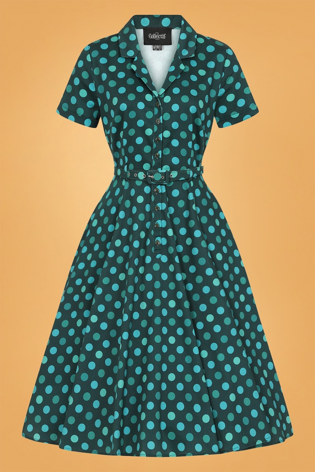 Collectif Clothing Caterina Jewel Polka Swing Kleid in Grün | Einkaufen ...