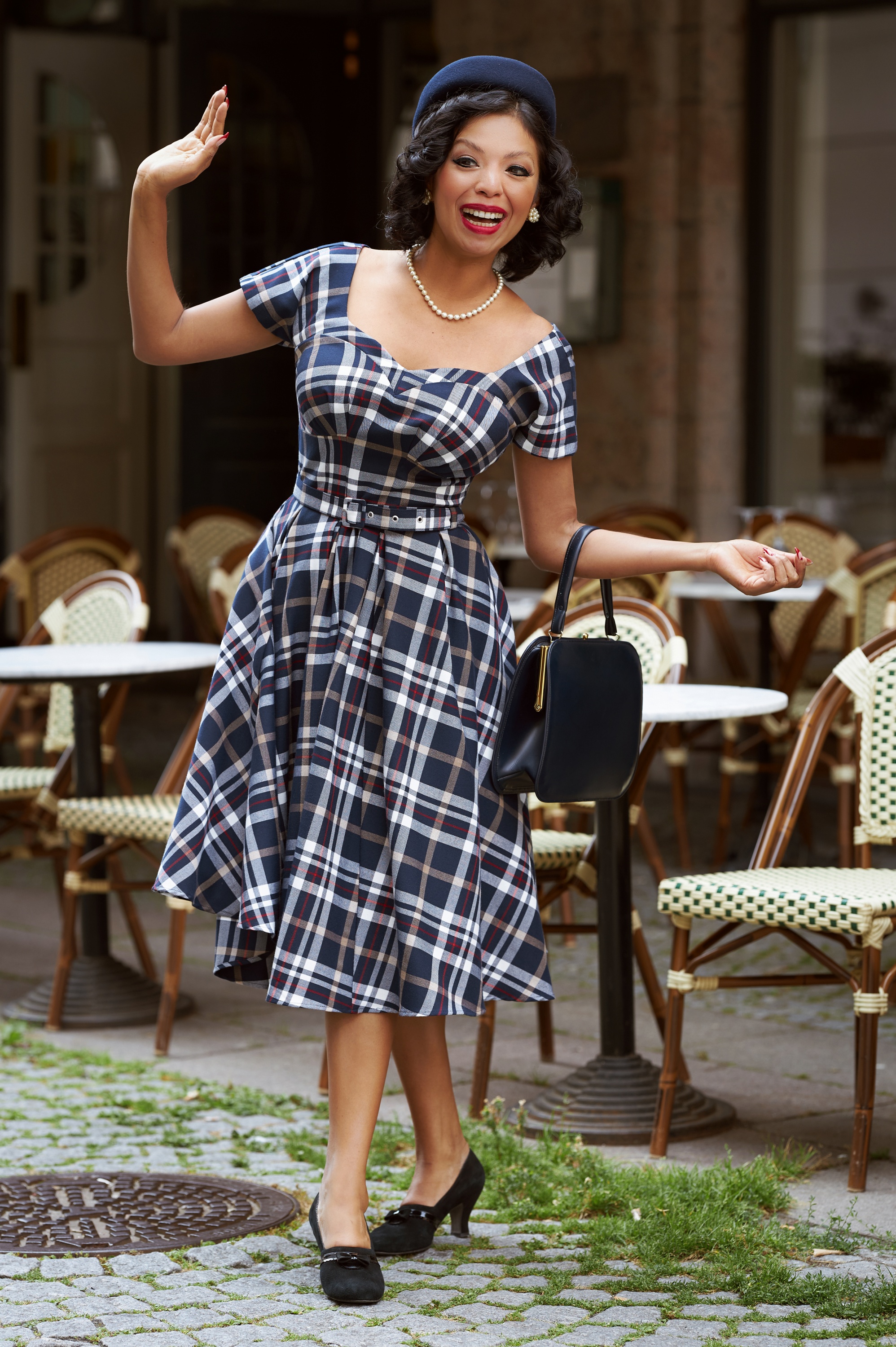Miss Candyfloss 50s Phoebe Lee Tartan Swing Dress in Navy | Topvintage
