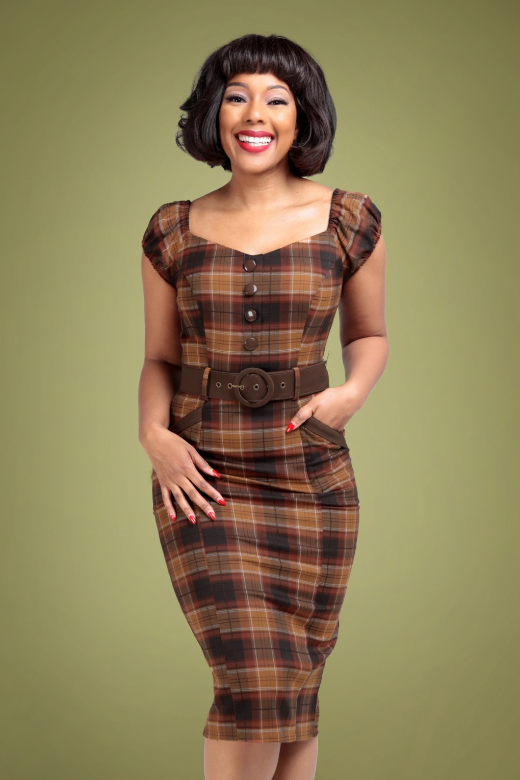 Collectif Clothing Blanche Chestnut Check Pencil Dress Années 50 en ...