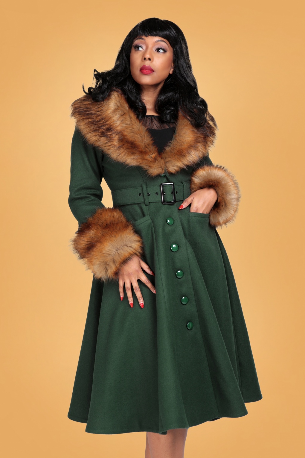 Collectif Clothing | 50s Jackie Princess Coat in Forest Green