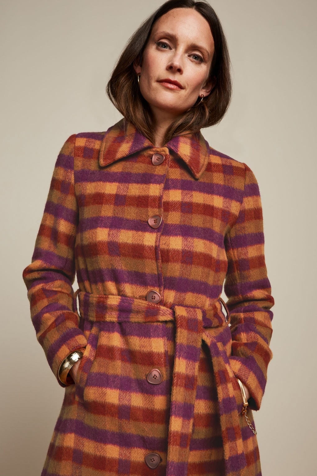 King Louie Arabella Wylde Check Coat in Pecan Brown | Shop at Topvintage