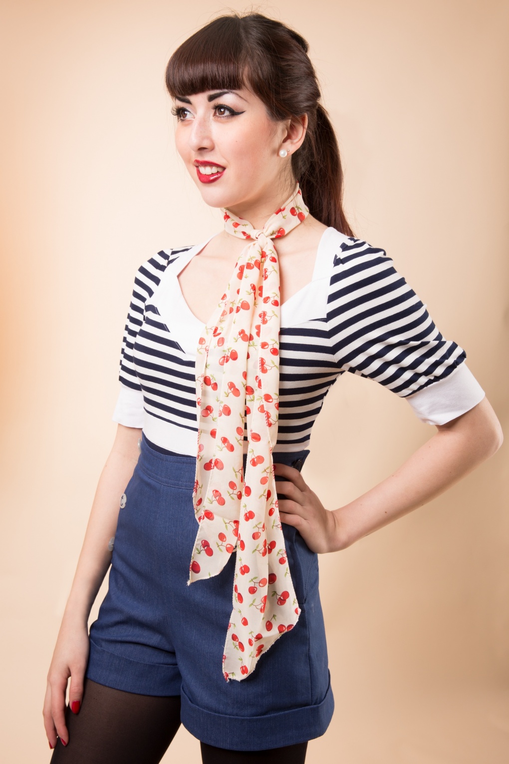Vintage 50s Retro Hair Scarf in Cream Cherry