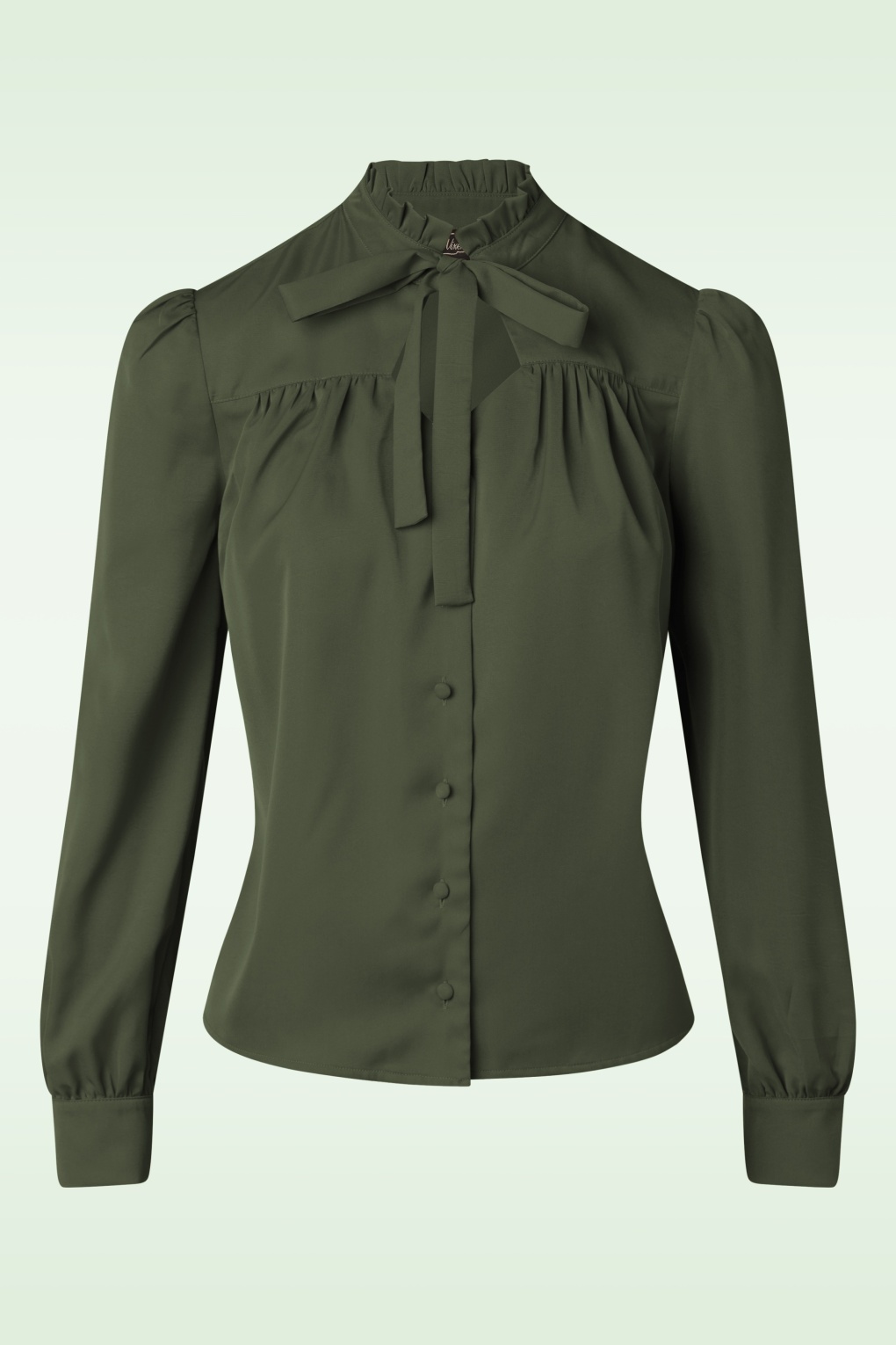 Chemisier à col lavallière Tia en vert olive. Vixen | Topvintage