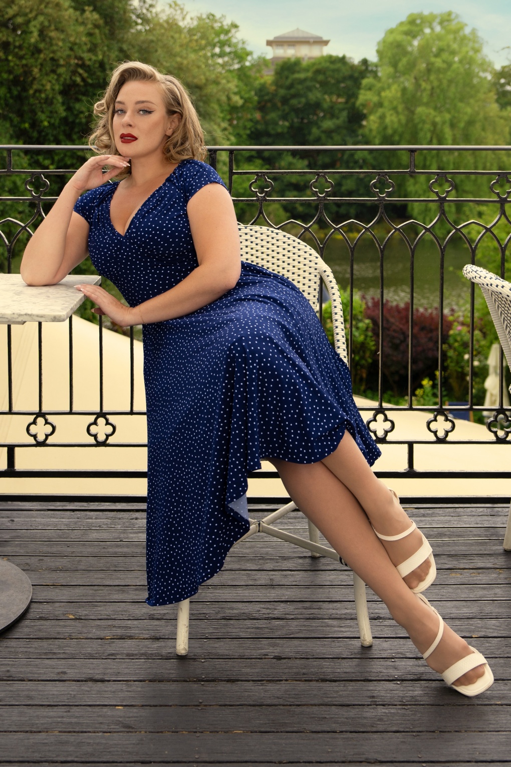 Glamour Bunny The Marilyn Pin Dot Swing Dress in Navy | Topvintage