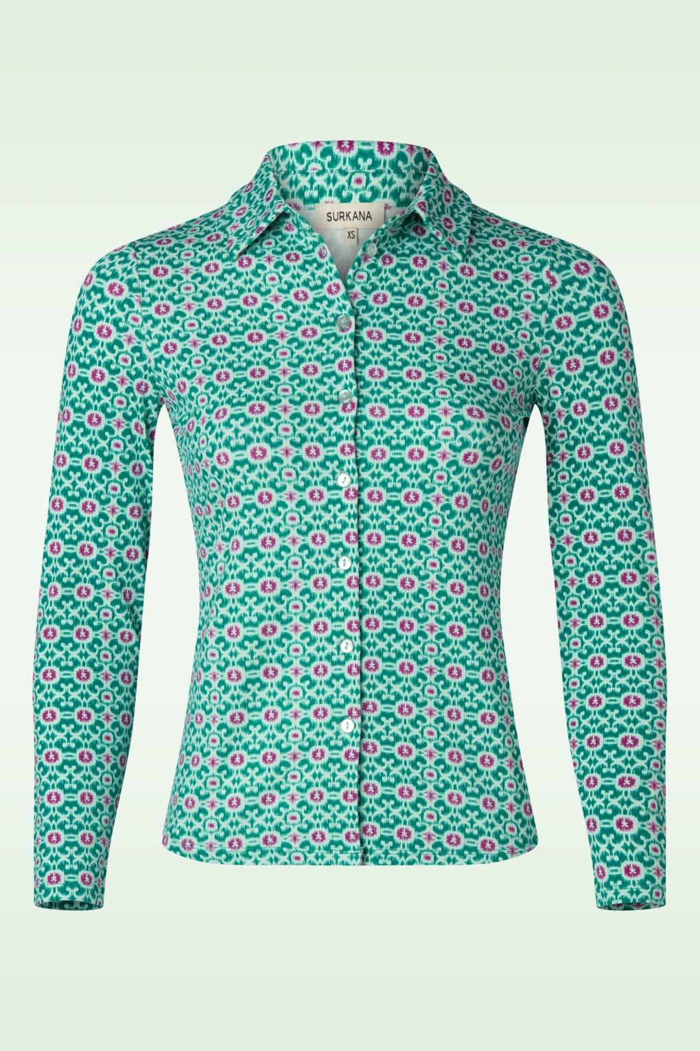 Chemisier motif graphique Sara en turquoise Surkana | Topvintage