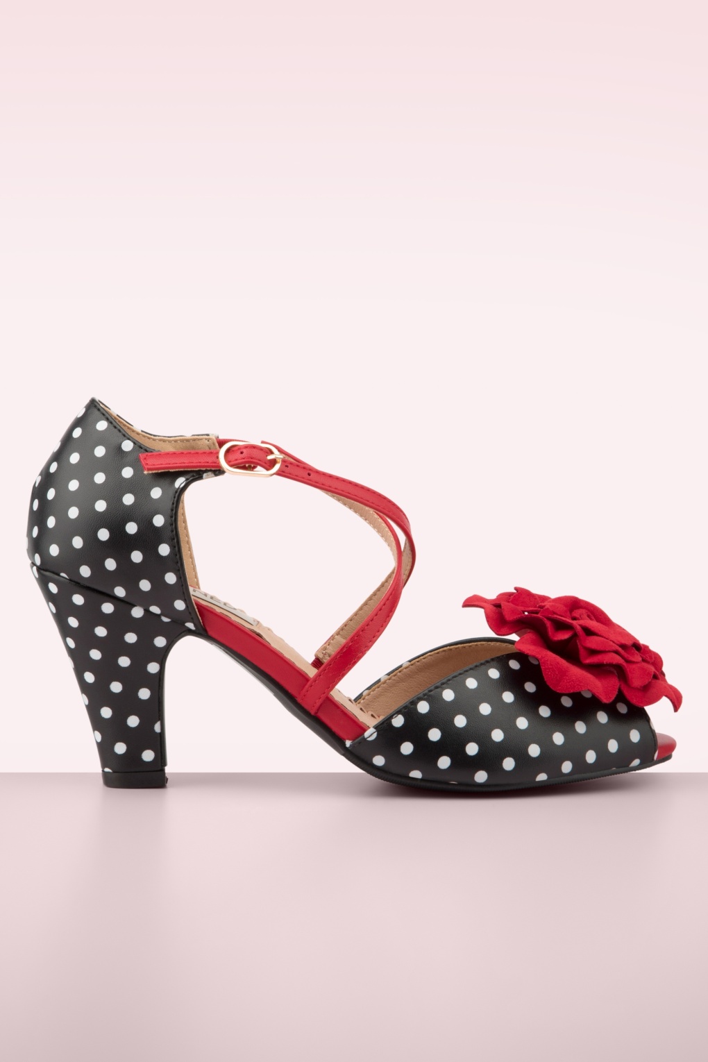 Banned Retro Kelly Lee Pin-up Polka Peeptoe Pumps in Schwarz und Rot. | Einkaufen bei Topvintage