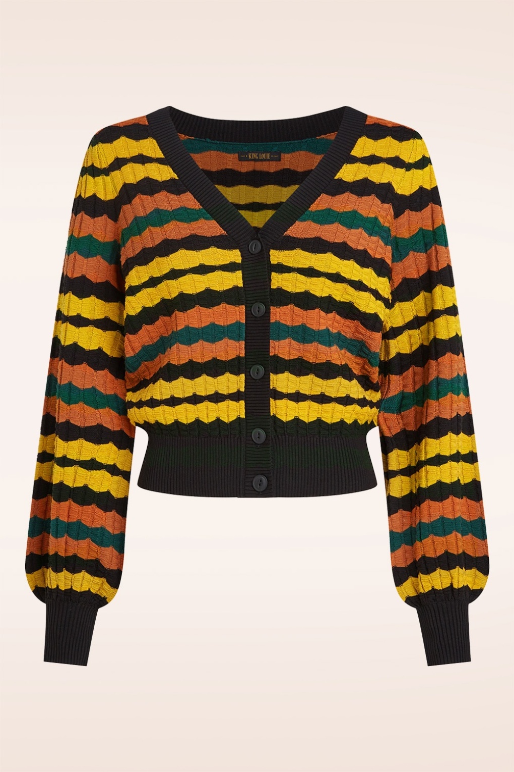 King Louie Royal V-Neck Cardigan in Schwarz und Multi | Topvintage