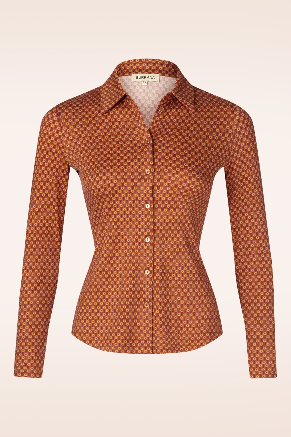 Chemisier motif géométrique Sue en caramel Surkana | Topvintage