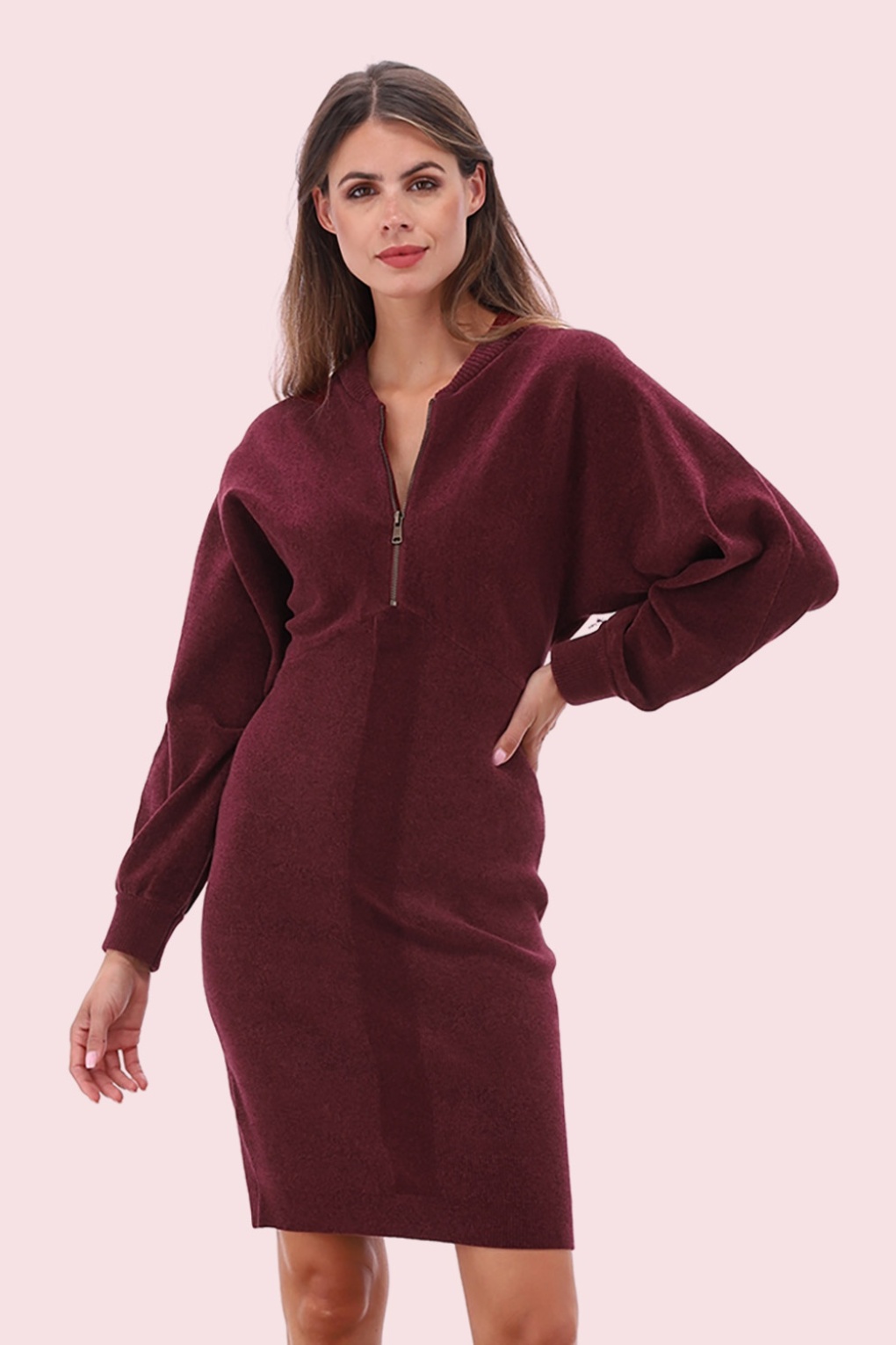 Jessy Bomber Style Knitted Velours Dress in Burgundy K-Design | Topvintage