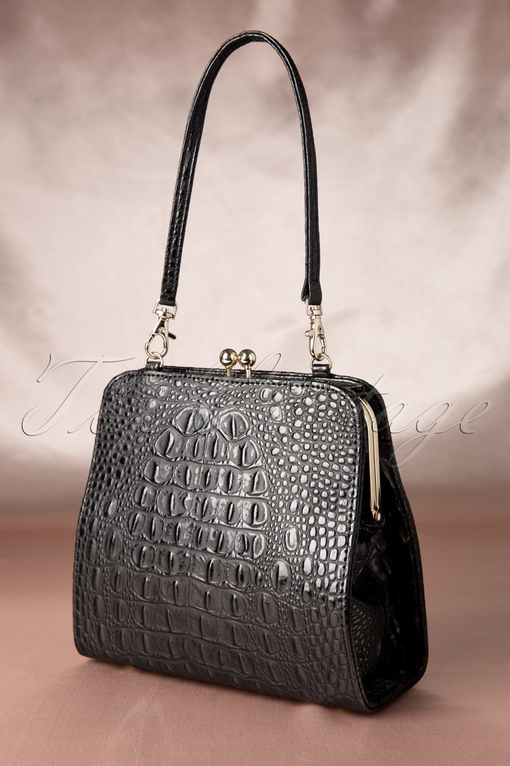 40s Marie Kiss Lock Bag Croc Black