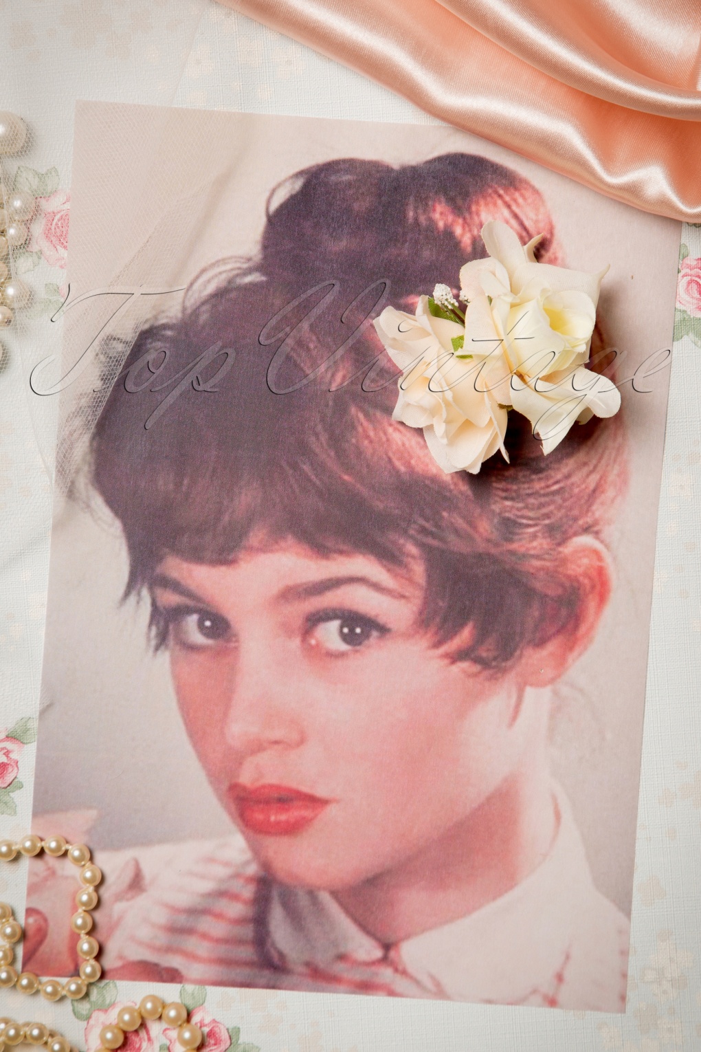 50s Pin-Up Double Hair Roses Clip Cream
