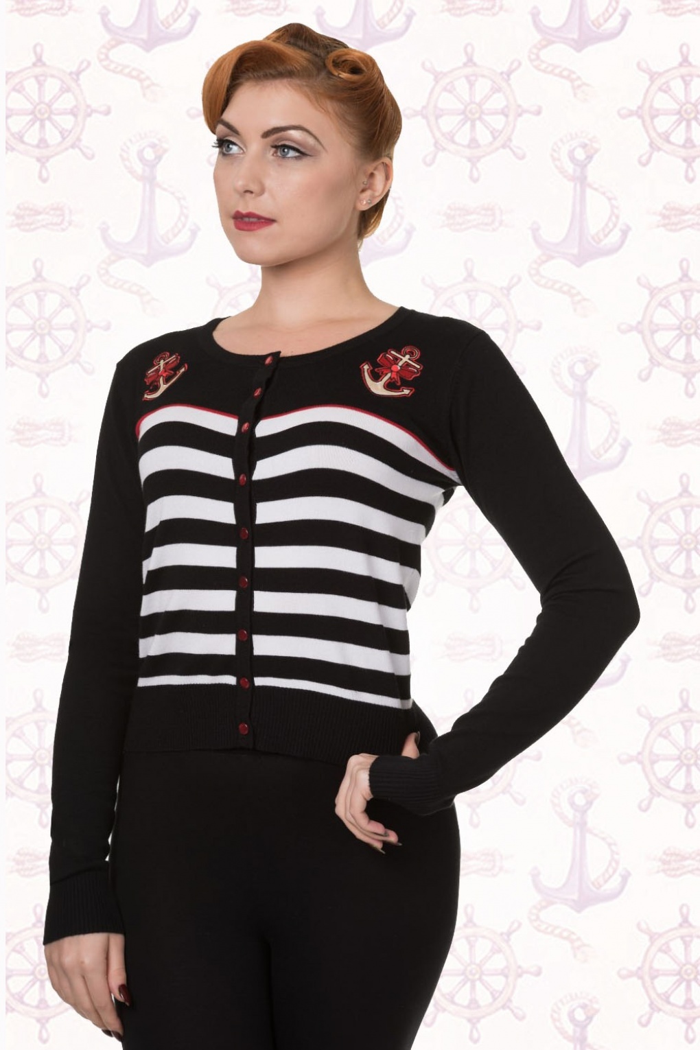 50s Sailor Party Cardigan in Black and White Stripes