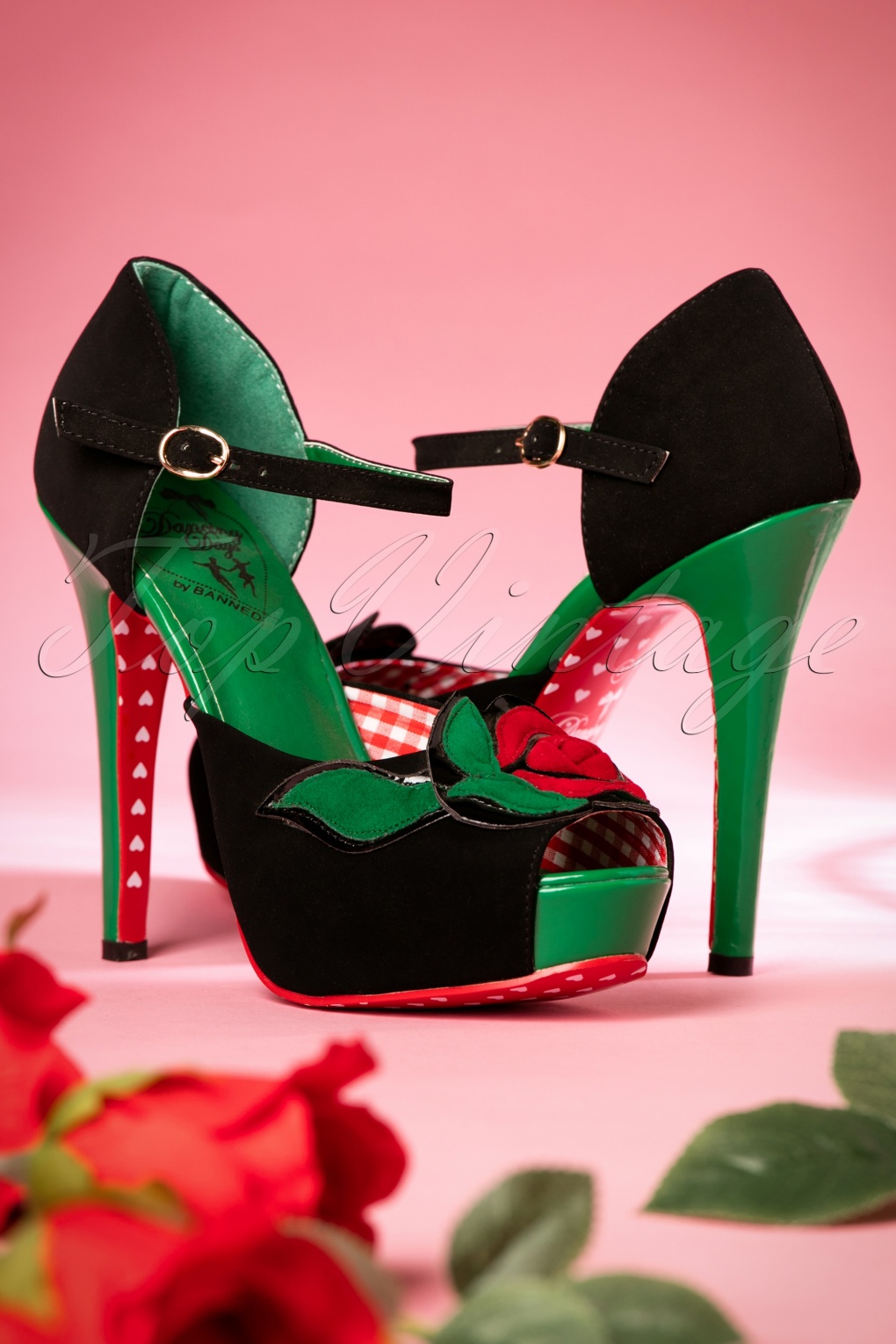 50s Sage Rose Peeptoe Pumps in Black and Green